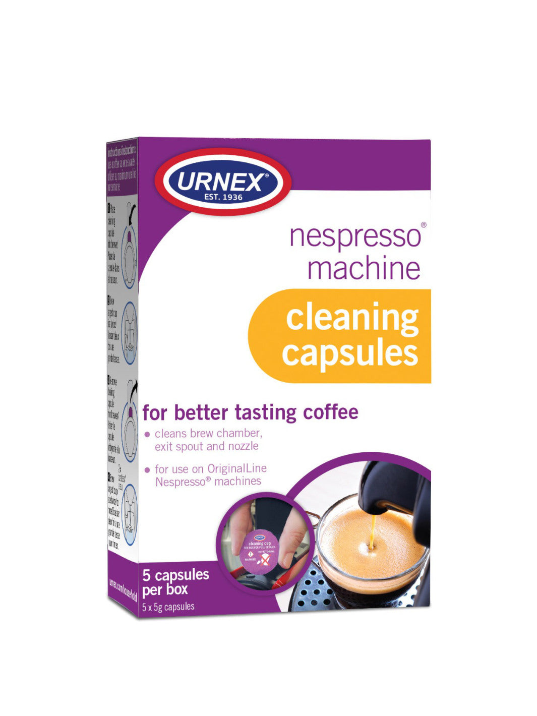 URNEX Nespresso Machine Cleaning Capsules (5-Capsules) – Eight Ounce Coffee